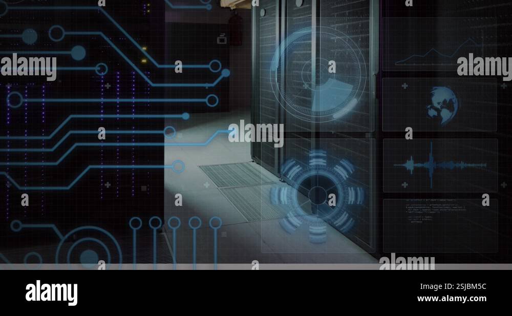 Animation of radar, arc reactor, globe and circuit board pattern over server Stock Video Footage ...