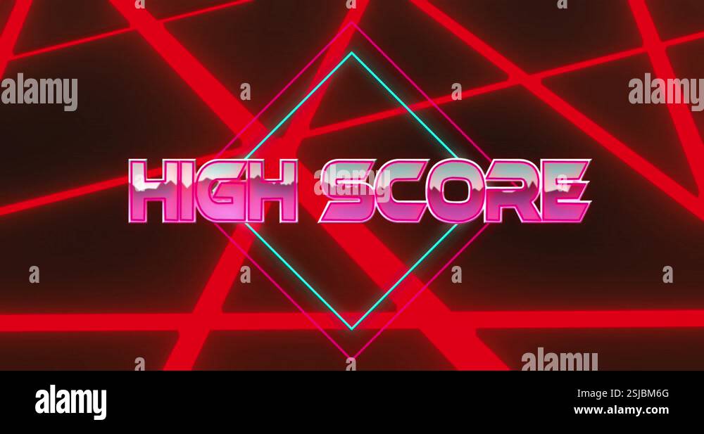 Animation of high score text banner over glowing red light trails ...