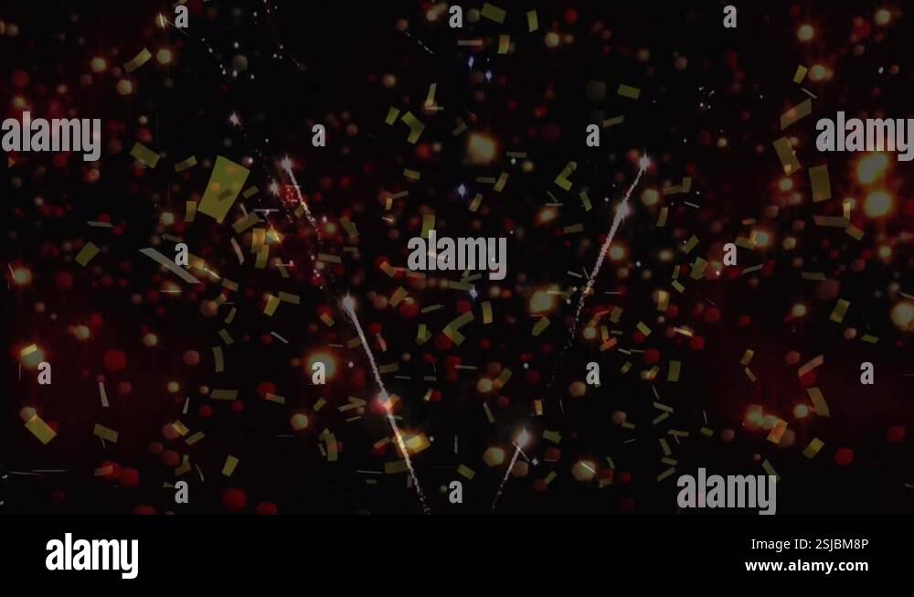 Animation of fireworks exploding and confetti falling against black background Stock Video ...