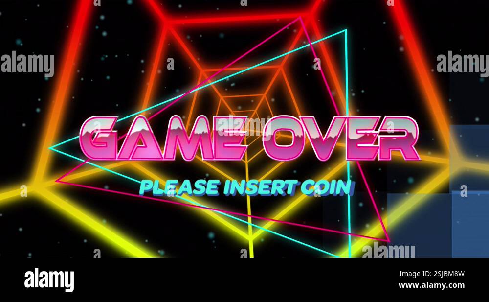 Animation of game over text banner against neon hexagonal tunnel ...