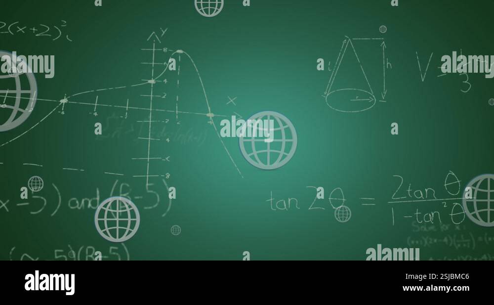 Animation of globe icons over mathematical equation and diagrams against green Stock Video ...