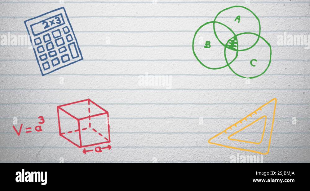 Animation of multiple school concept icons against white lined paper ...