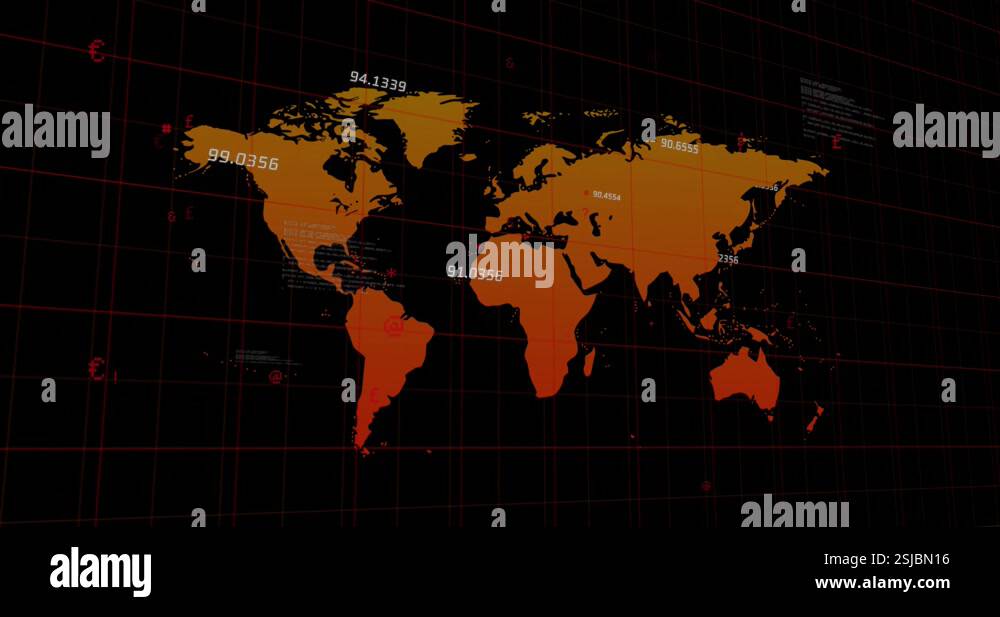 Animation Of Data Processing And World Map Over Grid Network Against