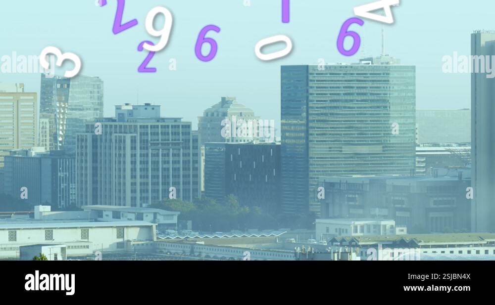Animation of multiple changing numbers against aerial view of cityscape ...