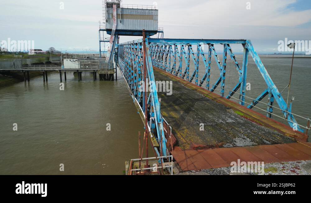 Full view of derelict bridge on abandoned dockland at Fleetwood Docks ...