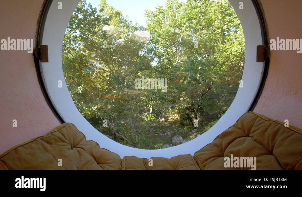 Push out of a round window of a roof with a view of the forest Stock ...