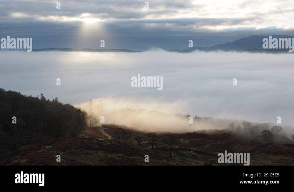 Looking over mist shrowded woodland from Wansfell above Ambleside, Lake ...
