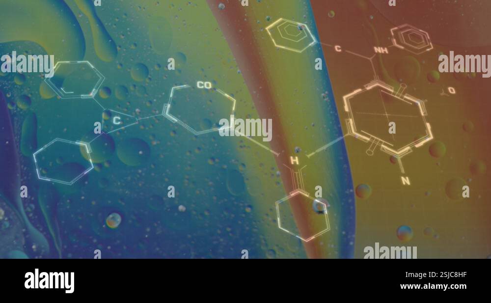 Animation of chemical formula over bubbles on colorful background Stock ...