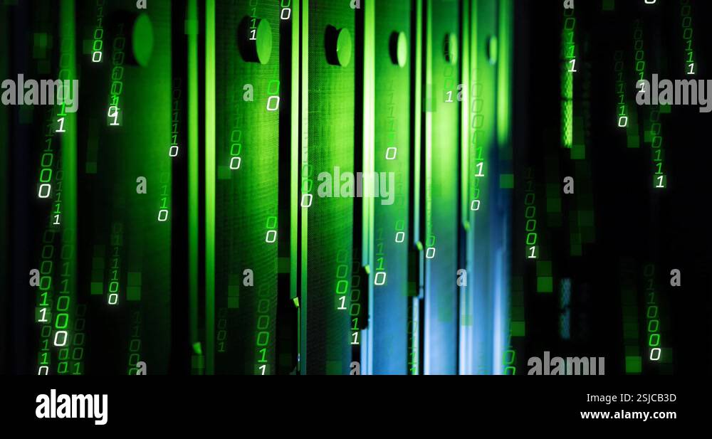 Animation of falling binary codes over sever racks in server room Stock ...