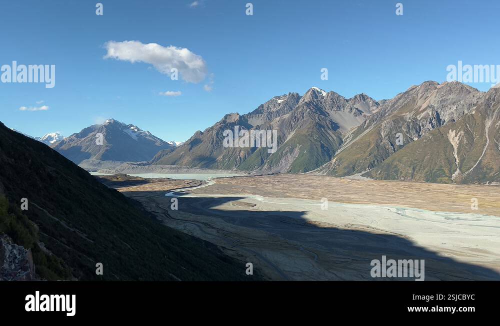 Tasman lake and braided river viewed from mt Wakefield at Mount Cook ...