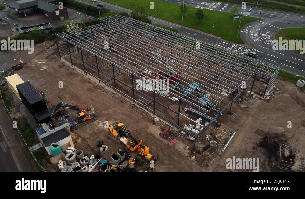 ALDI supermarket construction building site aerial static view over ...