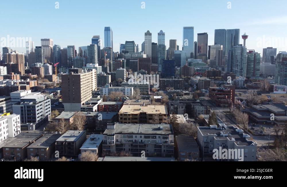 Aerial view of Calgary's inner-city neighbourhood of Mission on an ...