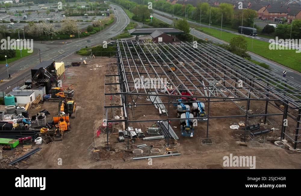 Aerial view of Aldi retailer building site foundation steel framework ...