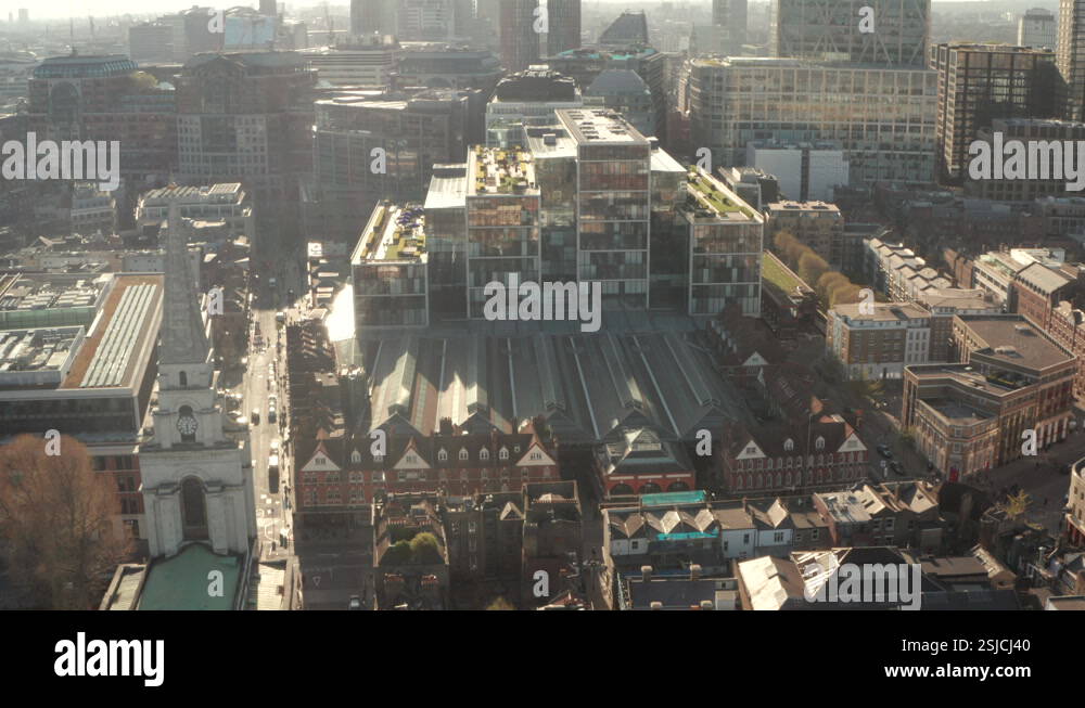 Circling aerial shot around Old Spitalfields market Central London ...