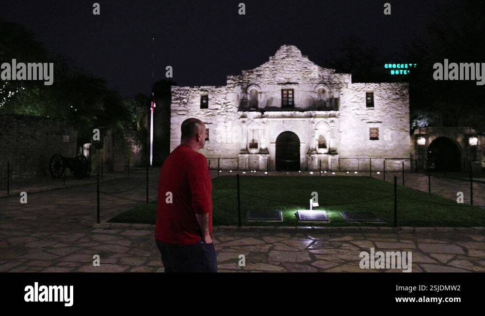 The Alamo at night in San Antonio, Texas with gimbal video man panning ...