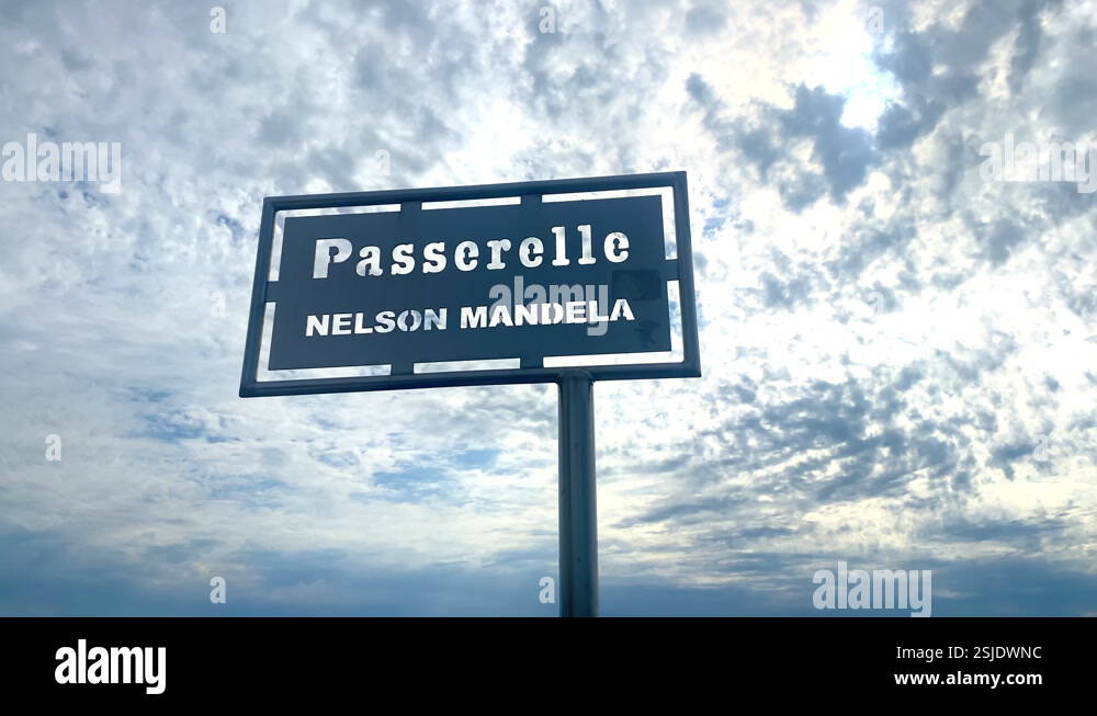 Passerelle Nelson Mandela footbridge sign in the Port des Minimes in La ...