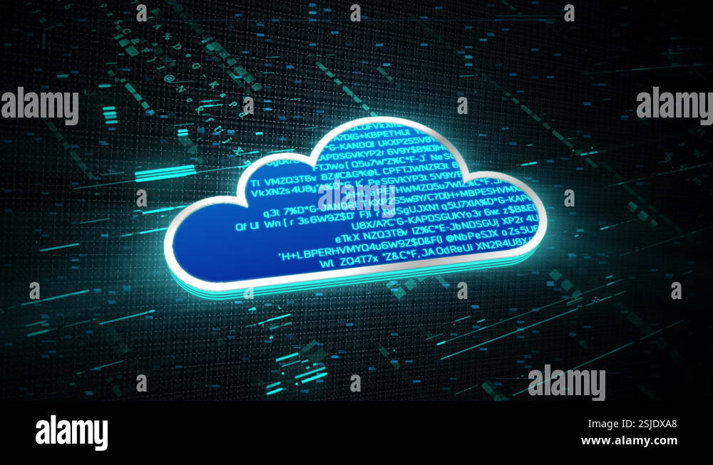 3D blue digital cloud glowing shining with blue binary code encryption ...