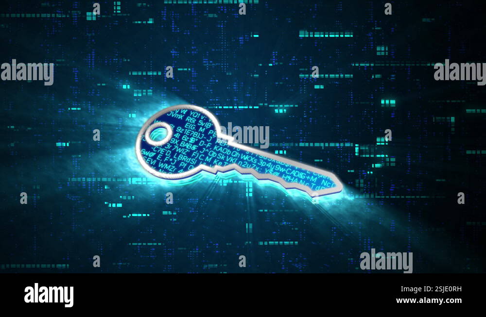 3D blue digital key glowing shining with blue binary code encryption ...