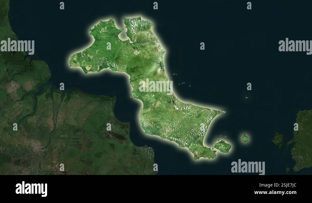 Bangka Island - Indonesia close-up - satellite. Glow. Labels Stock ...