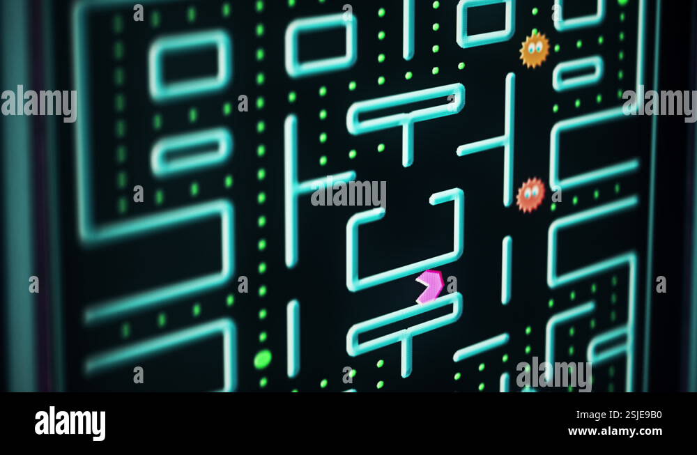 Collecting points on the maze map level of a classic retro arcade video ...