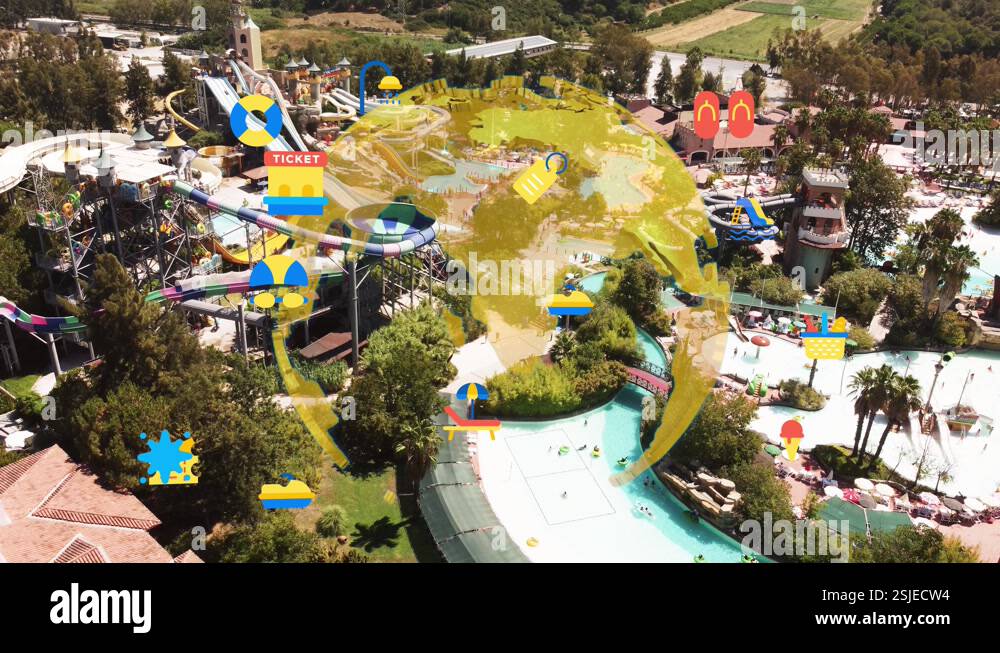 Top view of water park. Aqua park and swimming pools . View from above ...