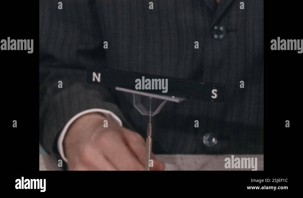 1960s: Bar magnet on a pivot. Man brings another magnet with opposite ...