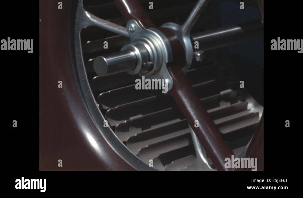 1960s: Fan inside air-conditioner, with cylindrical shaft, wood and ...