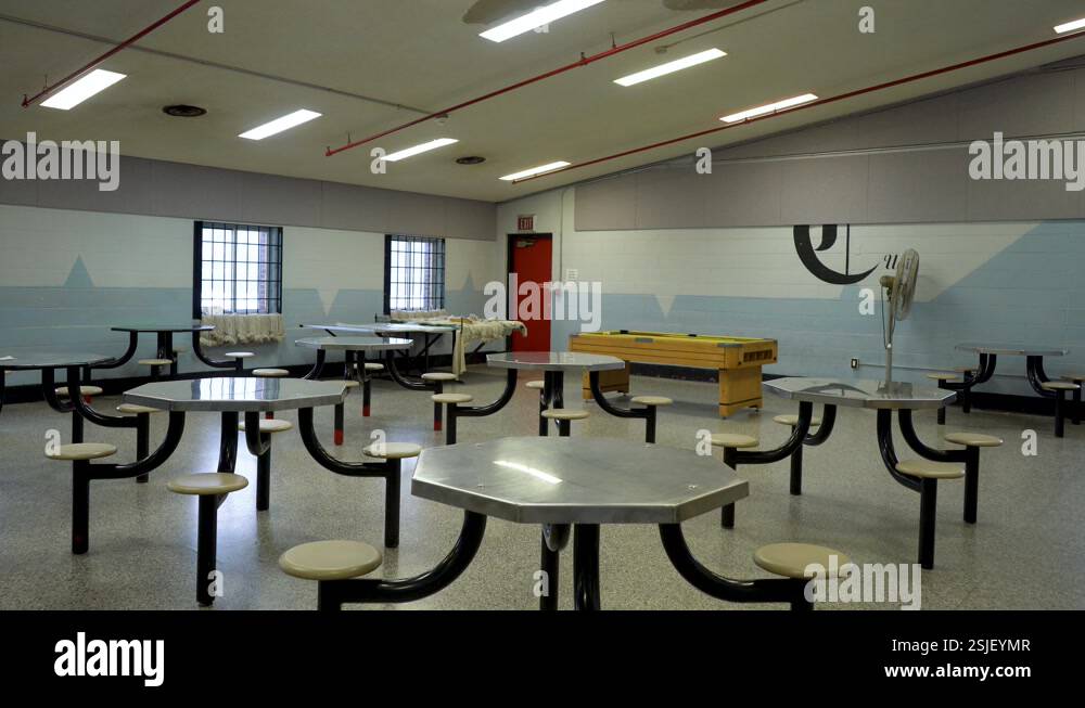 tables in break room prison cell block housing unit 4k Stock Video ...