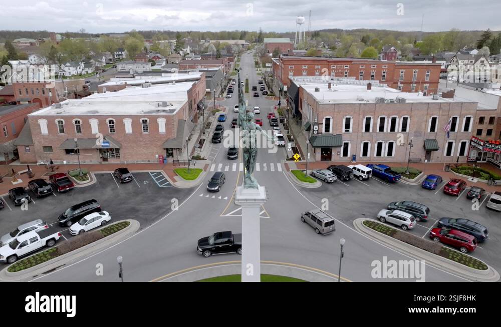 Angola, Indiana town square roundabout with cars moving around and ...