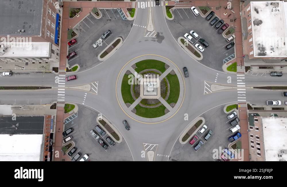 Angola, Indiana town square roundabout with cars moving around and ...