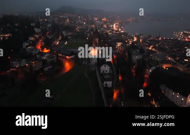 Musegg Wall and its nine towers aerial view at night overlooking ...