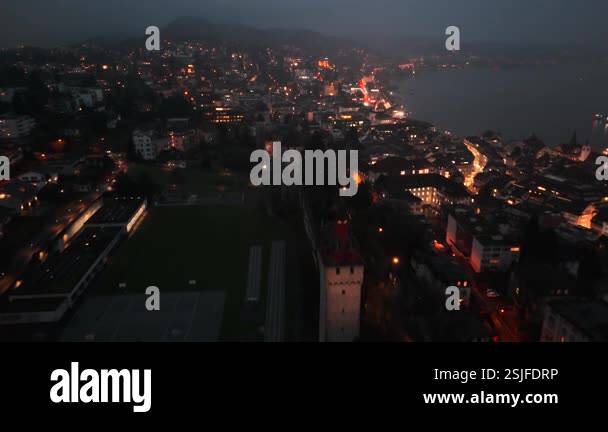 Musegg Wall and its nine towers aerial view at night overlooking ...
