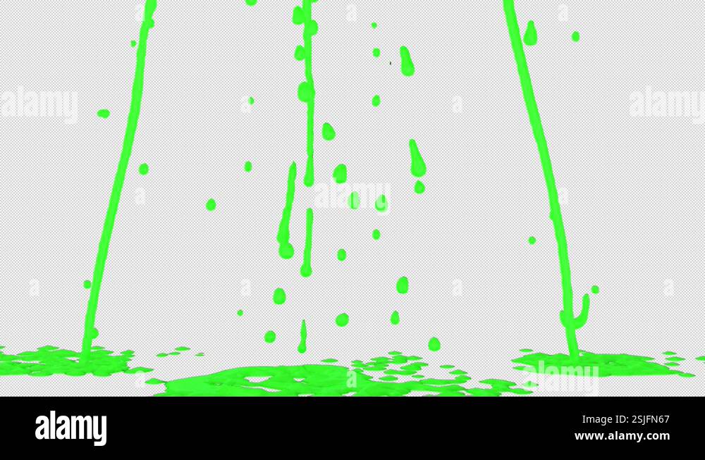 Animated dripping green paint from three inflows and splashing in slow ...