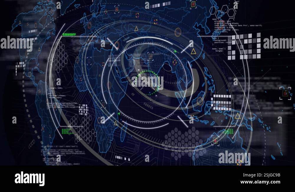 Animation of scope scanning over round scanner, world map and data processing Stock Video ...