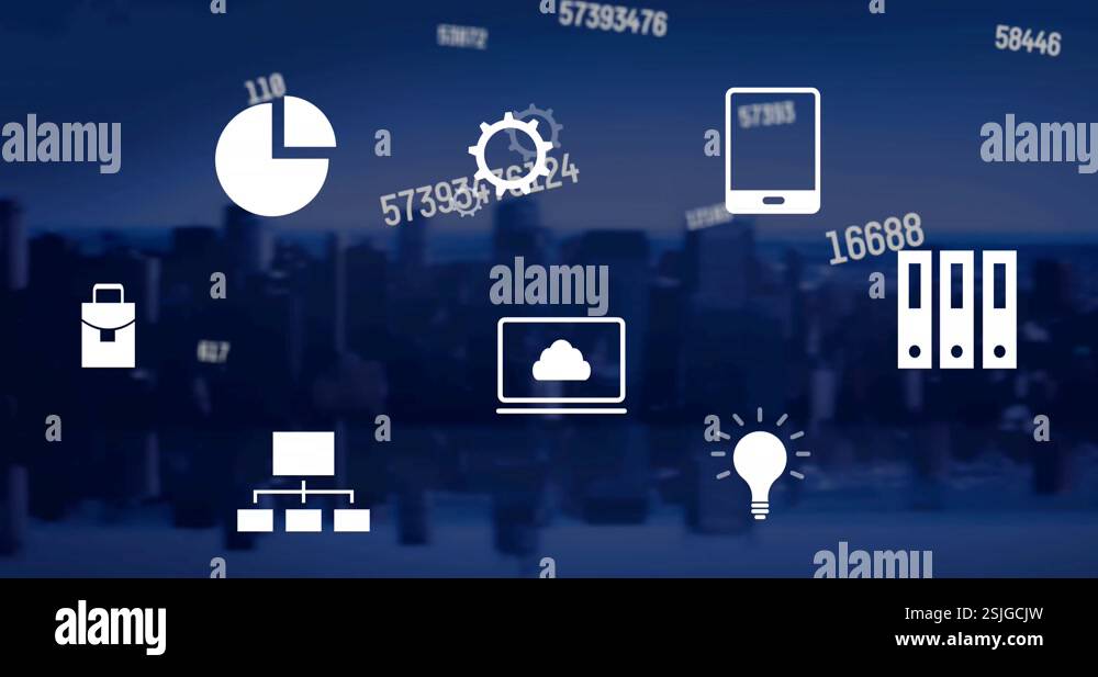 Animation of multiple digital icons and changing numbers against aerial view of Stock Video ...