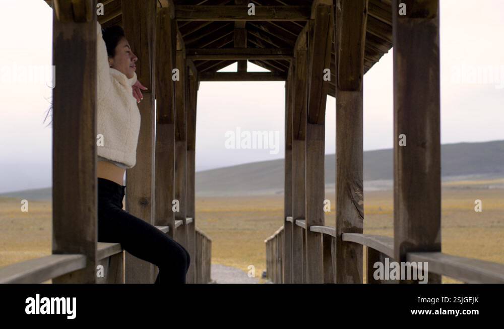 Dark hair tan woman sits on bridge railing lifting arms up and ...