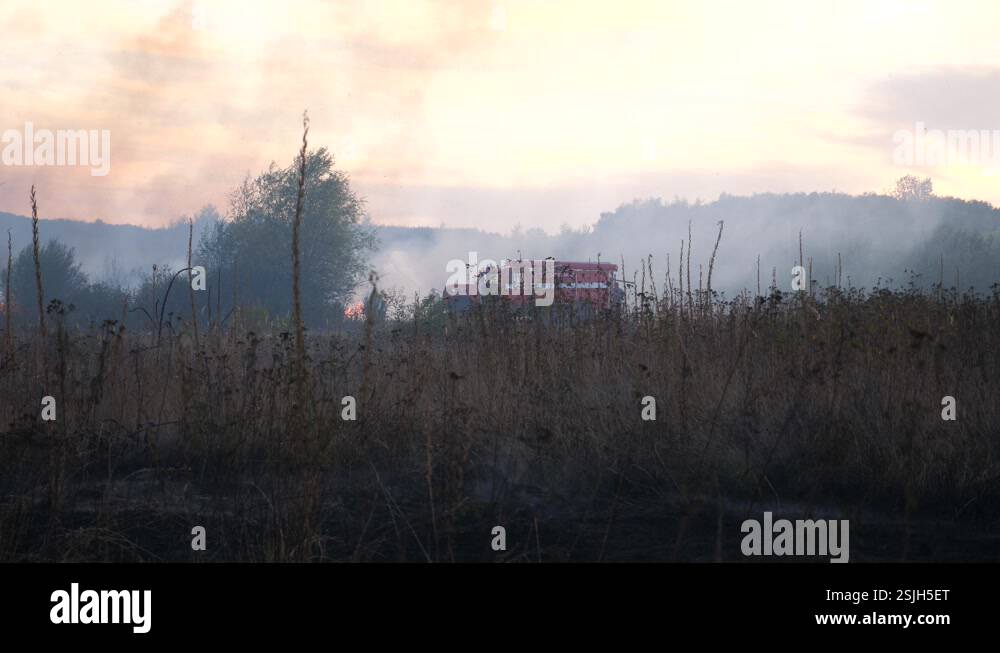 Fire engine parked at the place of emergency. Big red truck with blue ...