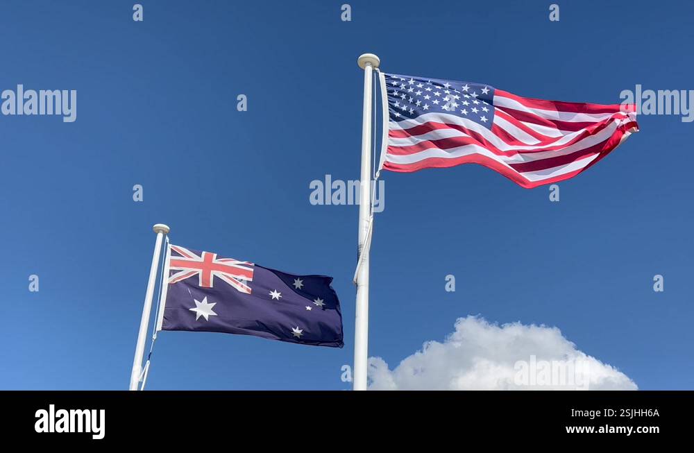 National flags of Australia and United States of America fly together ...
