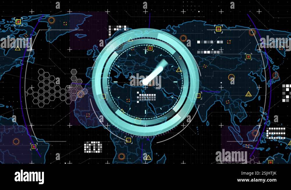 Animation of scope scanning over neon ticking clockand world map against black Stock Video ...