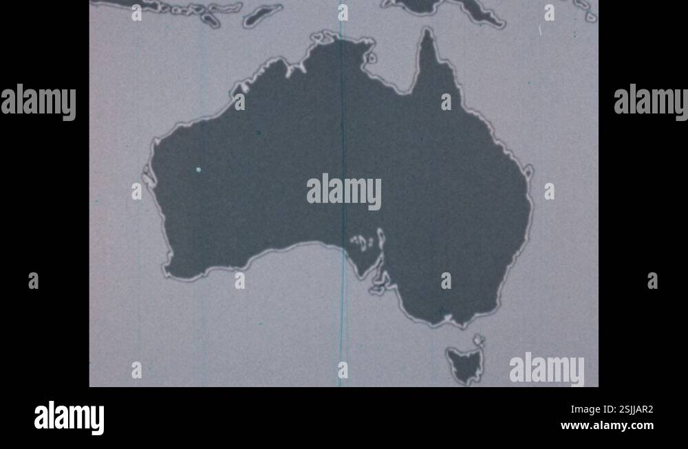 1950s: Map of Australia. Men stand outside next to car and horse, talk ...