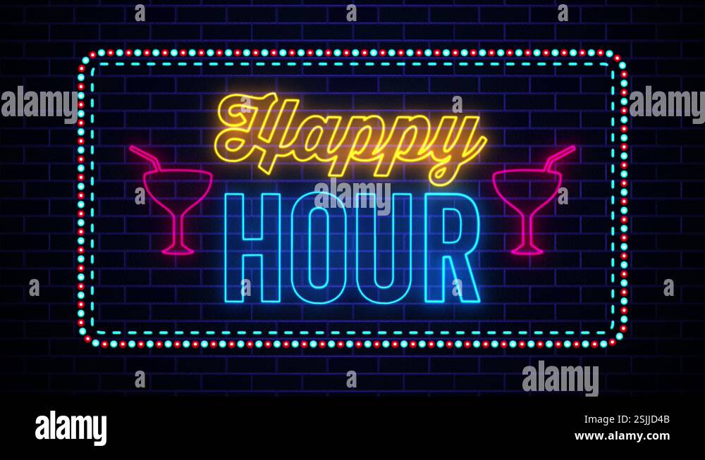 Flickering Happy Hour Neon Sign Dotted Dashed Border Lines On Brick ...