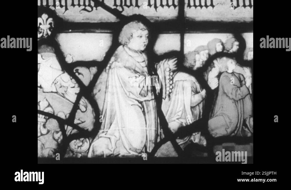 1960s: Close up shots of stained glass windows. Tilt down interior of ...