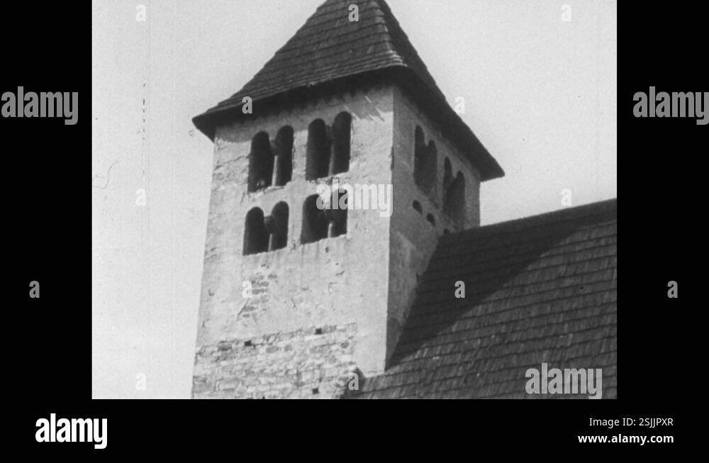 1960s: Low angle of cathedral. View of church steeple. Animated map of ...