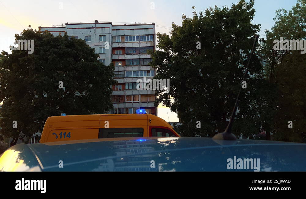 Evening Emergency: Flashing Siren Lights on a 114 Gas Emergency Vehicle ...