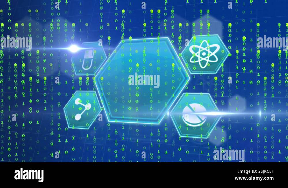 Animation of icon in hexagons over lens flares against falling binary ...