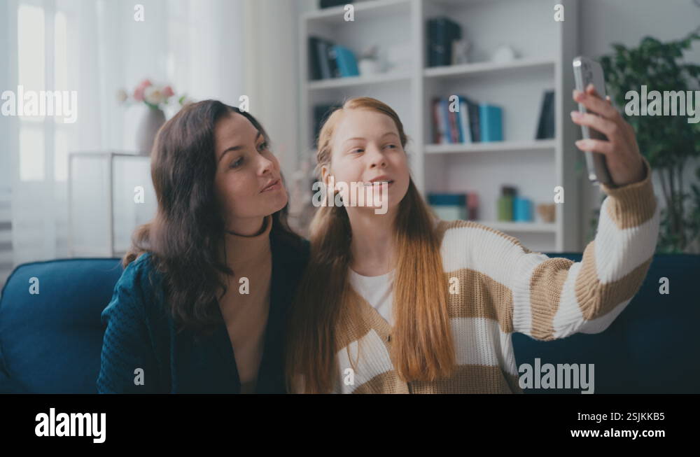 Teen Girl Taking Selfie With Her Mom Best Friends Mother Daughter