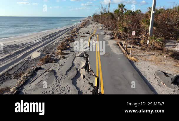 Road erosion caused by hurricane Milton storm surge. Destroyed Manasota ...