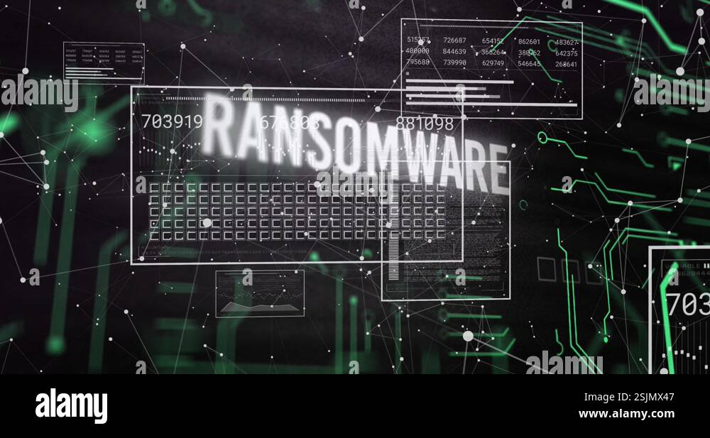 Animation of ransomware text over changing numbers, loading bars and ...