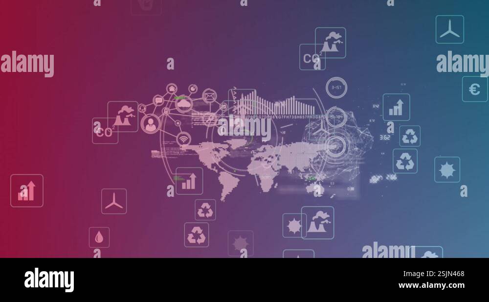 Animation of scope scanning over multiple digital icons over world map on purple Stock Video ...