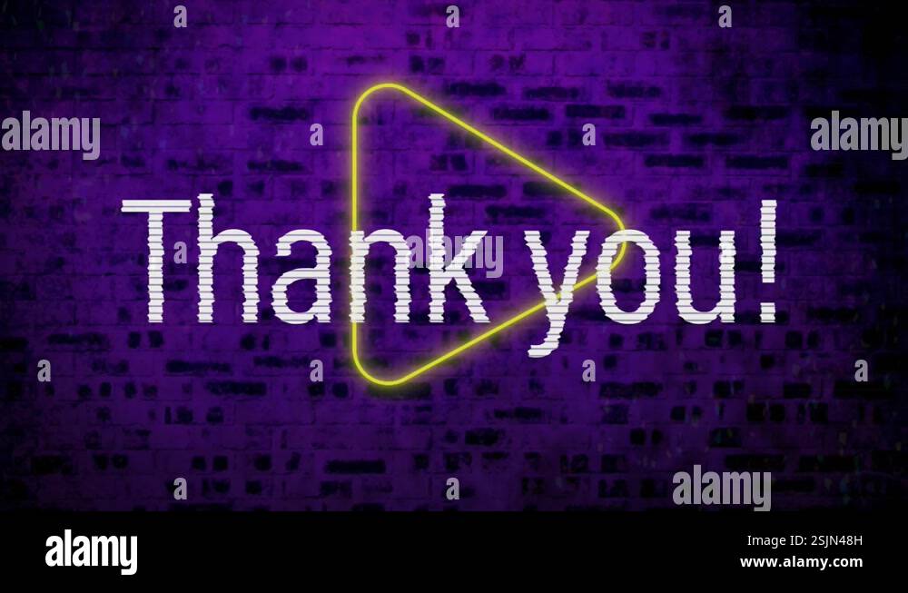 Animation of vhs effect over thank you banner and neon play icon ...